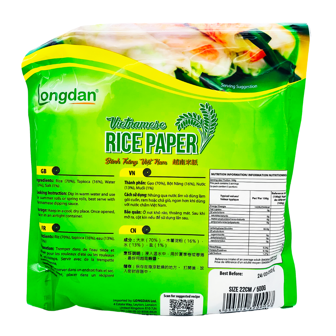 Rice Paper Vietnamese Spring Roll Wrappers 22cm 500g by Longdan – Thai ...